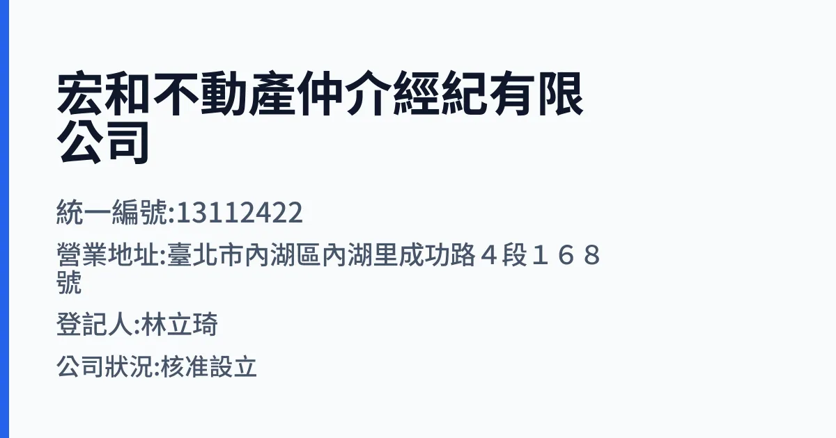 宏和不動產仲介經紀有限公司 - 統編 13112422(臺北市) 公司登記資料與營業項目詳細圖表