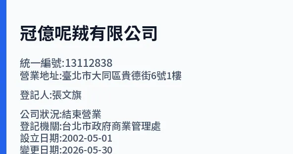 冠億呢羢有限公司的照片-統編 13112838(臺北市) 公司登記資料與營業項目詳細圖表