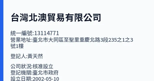 台灣北澳貿易有限公司的照片-統編 13114771(臺北市) 公司登記資料與營業項目詳細圖表