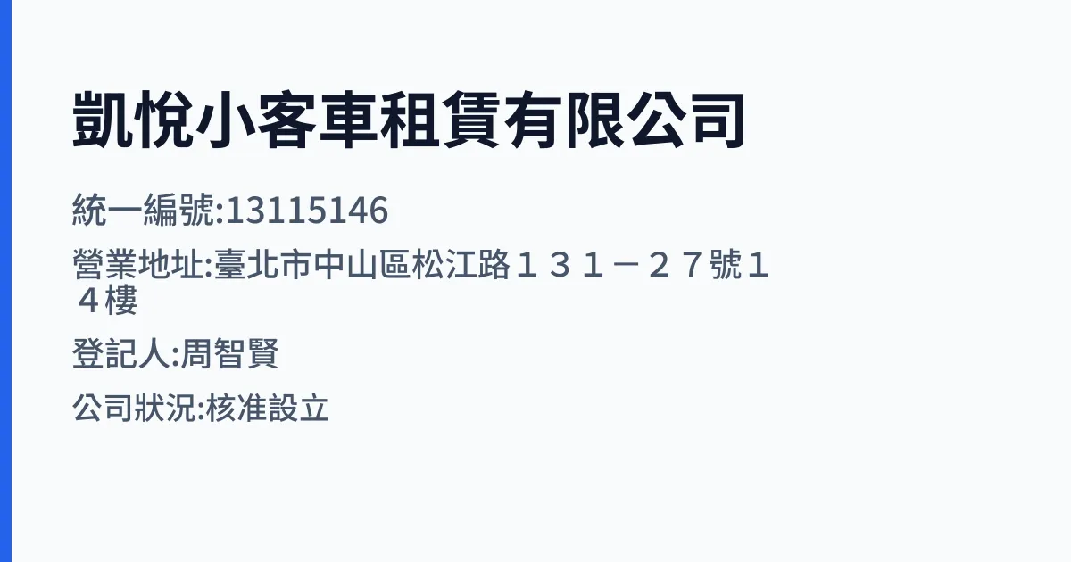 凱悅小客車租賃有限公司 - 統編 13115146(臺北市) 公司登記資料與營業項目詳細圖表