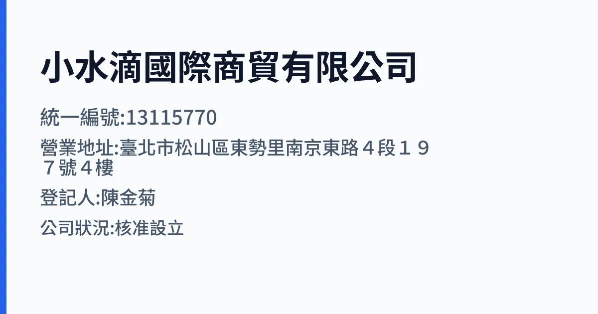 小水滴國際商貿有限公司 - 統編 13115770(臺北市) 公司登記資料與營業項目詳細圖表