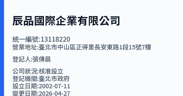 辰品國際企業有限公司的照片-統編 13118220(臺北市) 公司登記資料與營業項目詳細圖表