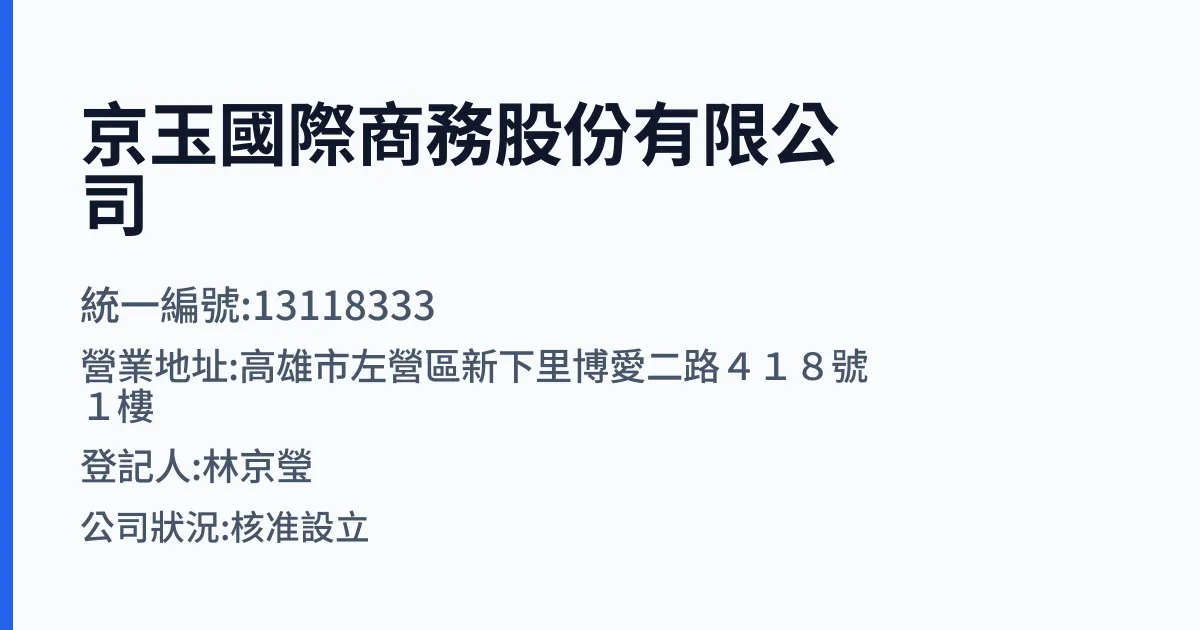 京玉國際商務股份有限公司 - 統編 13118333(高雄市) 公司登記資料與營業項目詳細圖表