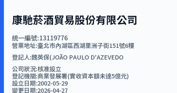 康馳菸酒貿易股份有限公司的照片-統編 13119776(臺北市) 公司登記資料與營業項目詳細圖表