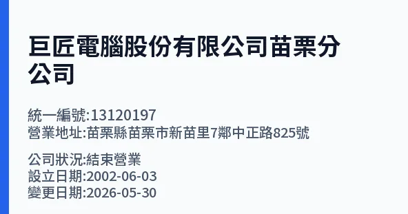 巨匠電腦股份有限公司苗栗分公司的照片-統編 13120197(苗栗縣) 公司登記資料與營業項目詳細圖表