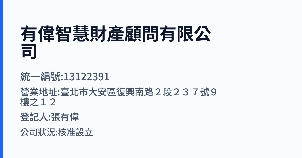 有偉智慧財產顧問有限公司 - 統編 13122391(臺北市) 公司登記資料與營業項目詳細圖表