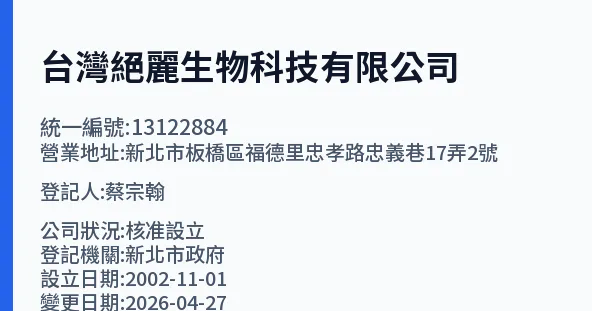 台灣絕麗生物科技有限公司的照片-統編 13122884(新北市) 公司登記資料與營業項目詳細圖表
