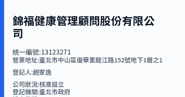 錦福健康管理顧問股份有限公司的照片-統編 13123271(臺北市) 公司登記資料與營業項目詳細圖表