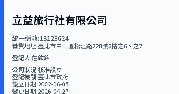 立益旅行社有限公司的照片-統編 13123624(臺北市) 公司登記資料與營業項目詳細圖表