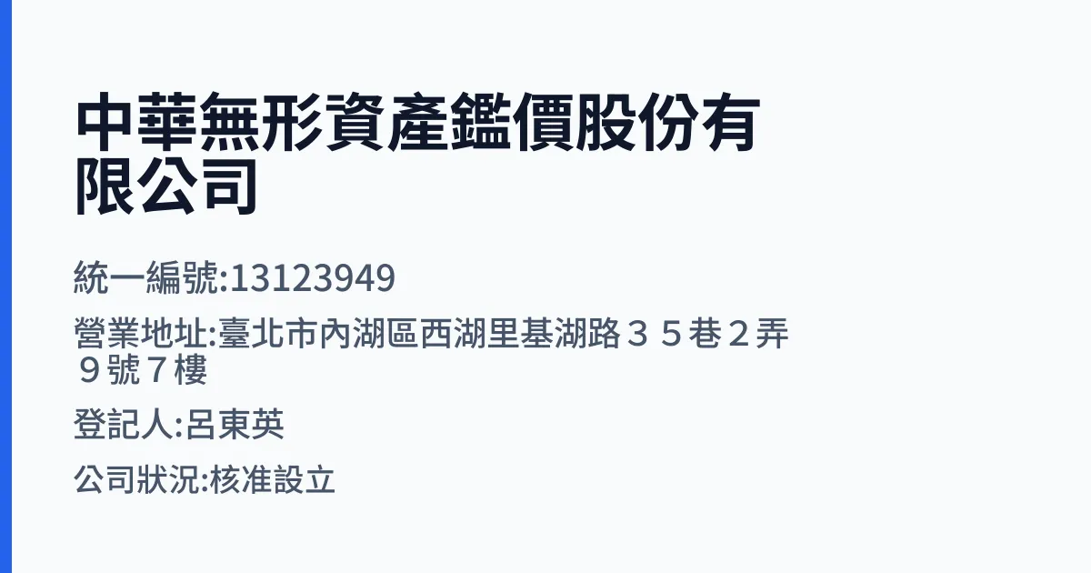 中華無形資產鑑價股份有限公司 - 統編 13123949(臺北市) 公司登記資料與營業項目詳細圖表