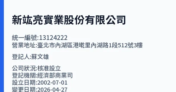 新竑亮實業股份有限公司的照片-統編 13124222(臺北市) 公司登記資料與營業項目詳細圖表