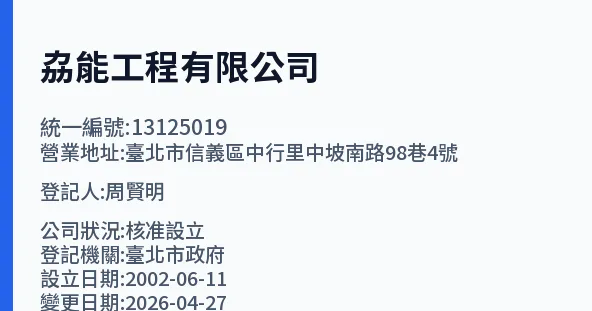 劦能工程有限公司的照片-統編 13125019(臺北市) 公司登記資料與營業項目詳細圖表
