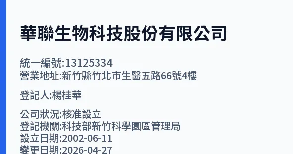 華聯生物科技股份有限公司的照片-統編 13125334(新竹縣) 公司登記資料與營業項目詳細圖表