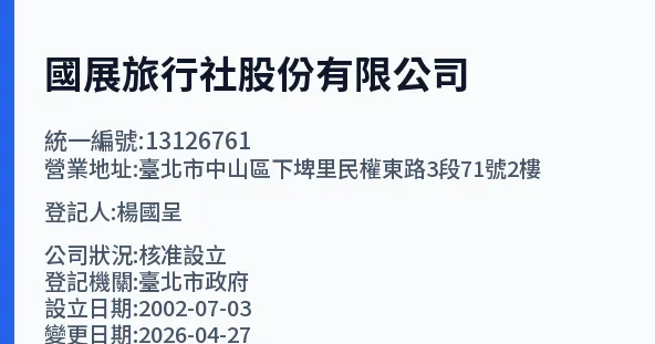 國展旅行社股份有限公司的照片-統編 13126761(臺北市) 公司登記資料與營業項目詳細圖表