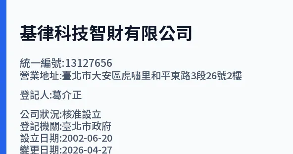 基律科技智財有限公司的照片-統編 13127656(臺北市) 公司登記資料與營業項目詳細圖表