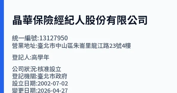晶華保險經紀人股份有限公司的照片-統編 13127950(臺北市) 公司登記資料與營業項目詳細圖表
