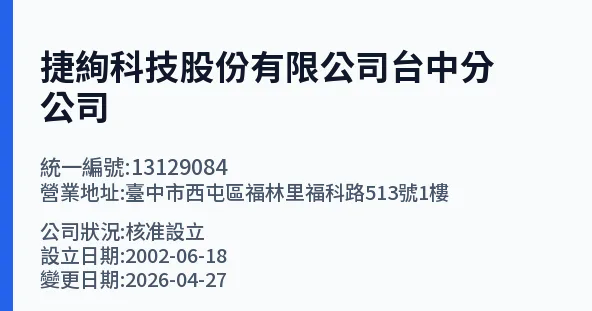 捷絢科技股份有限公司台中分公司的照片-統編 13129084(臺中市) 公司登記資料與營業項目詳細圖表