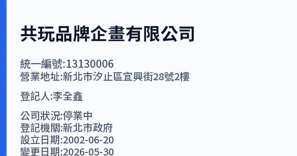 共玩品牌企畫有限公司的照片-統編 13130006(新北市) 公司登記資料與營業項目詳細圖表