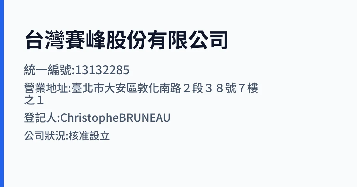 台灣賽峰股份有限公司 - 統編 13132285(臺北市) 公司登記資料與營業項目詳細圖表