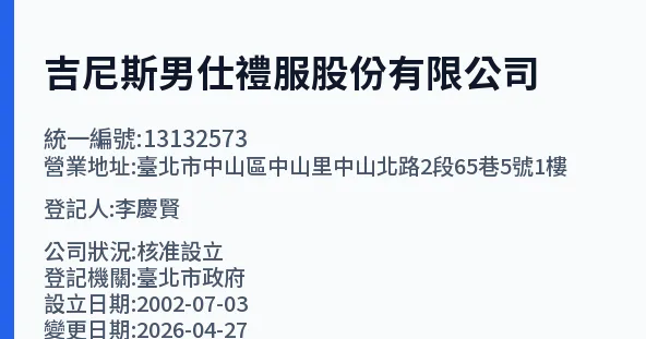 吉尼斯男仕禮服股份有限公司的照片-統編 13132573(臺北市) 公司登記資料與營業項目詳細圖表