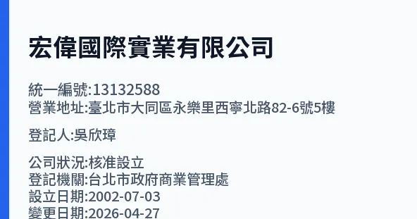 宏偉國際實業有限公司的照片-統編 13132588(臺北市) 公司登記資料與營業項目詳細圖表