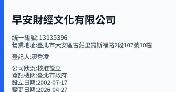 早安財經文化有限公司的照片-統編 13135396(臺北市) 公司登記資料與營業項目詳細圖表