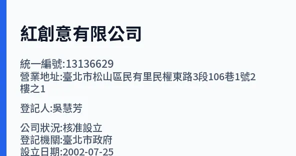 紅創意有限公司的照片-統編 13136629(臺北市) 公司登記資料與營業項目詳細圖表