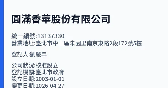 圓滿香華股份有限公司的照片-統編 13137330(臺北市) 公司登記資料與營業項目詳細圖表