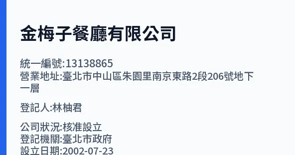 金梅子餐廳有限公司的照片-統編 13138865(臺北市) 公司登記資料與營業項目詳細圖表
