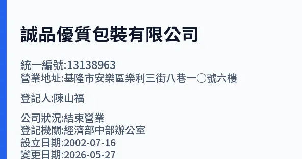 誠品優質包裝有限公司的照片-統編 13138963(基隆市) 公司登記資料與營業項目詳細圖表