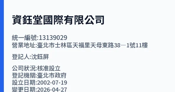 資鈺堂國際有限公司的照片-統編 13139029(臺北市) 公司登記資料與營業項目詳細圖表