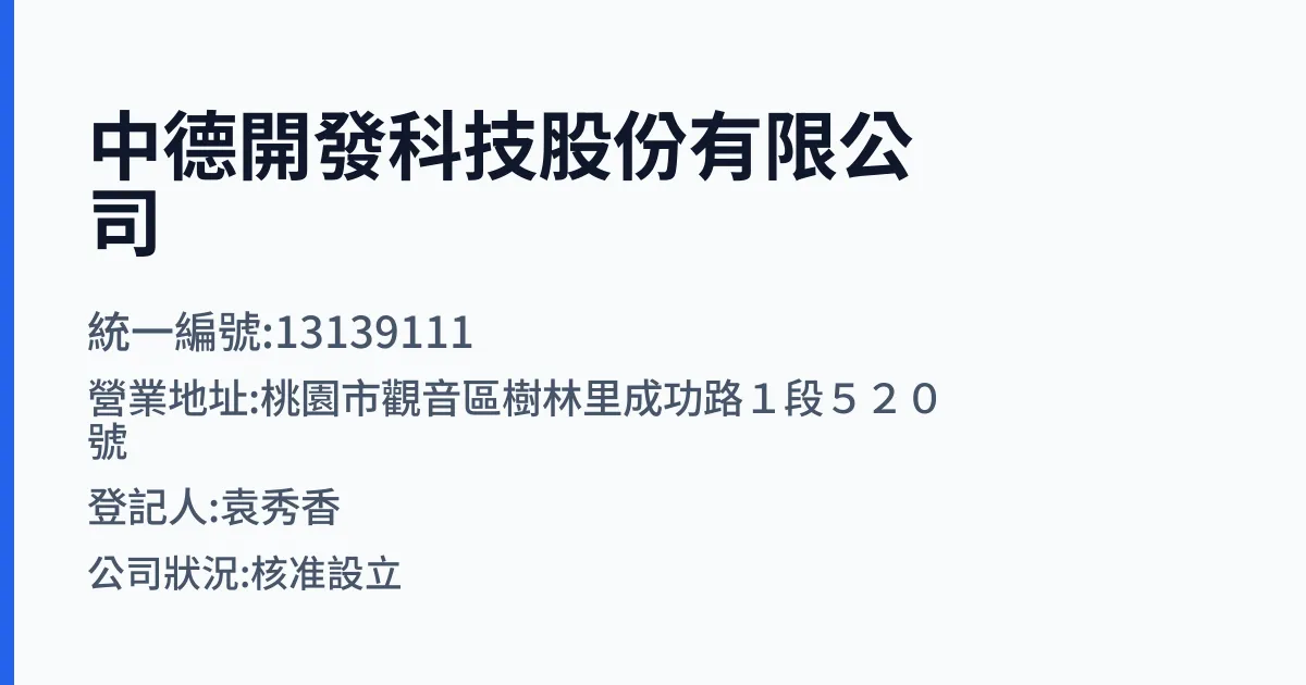 中德開發科技股份有限公司 - 統編 13139111(桃園市) 公司登記資料與營業項目詳細圖表