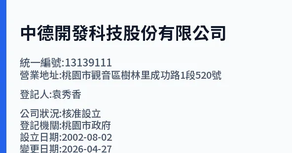 中德開發科技股份有限公司的照片-統編 13139111(桃園市) 公司登記資料與營業項目詳細圖表