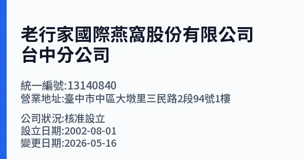 老行家國際燕窩股份有限公司台中分公司的照片-統編 13140840(臺中市) 公司登記資料與營業項目詳細圖表