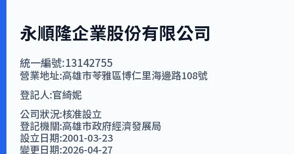 永順隆企業股份有限公司的照片-統編 13142755(高雄市) 公司登記資料與營業項目詳細圖表