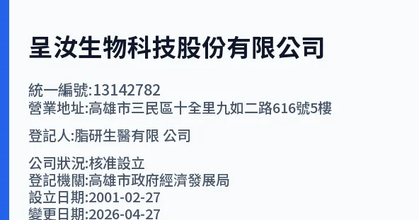 呈汝生物科技股份有限公司的照片-統編 13142782(高雄市) 公司登記資料與營業項目詳細圖表