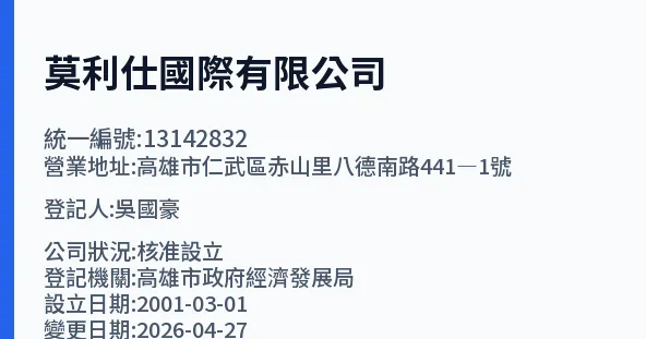 莫利仕國際有限公司的照片-統編 13142832(高雄市) 公司登記資料與營業項目詳細圖表