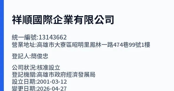 祥順國際企業有限公司的照片-統編 13143662(高雄市) 公司登記資料與營業項目詳細圖表