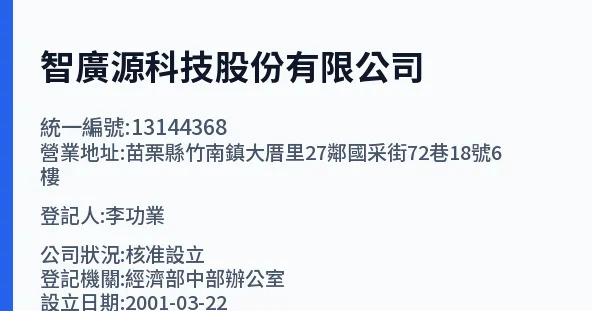 智廣源科技股份有限公司的照片-統編 13144368(苗栗縣) 公司登記資料與營業項目詳細圖表