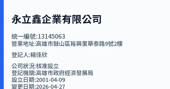永立鑫企業有限公司的照片-統編 13145063(高雄市) 公司登記資料與營業項目詳細圖表