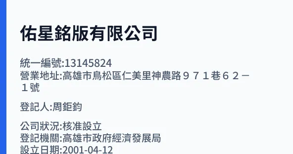 佑星銘版有限公司的照片-統編 13145824(高雄市) 公司登記資料與營業項目詳細圖表