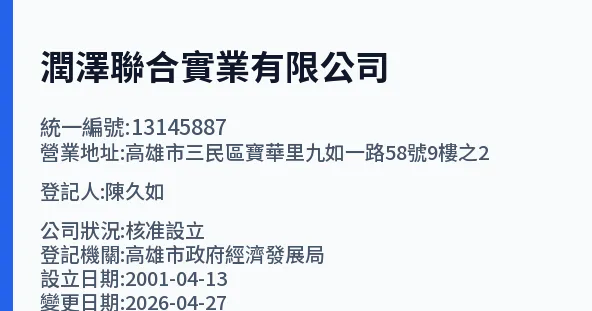 潤澤聯合實業有限公司的照片-統編 13145887(高雄市) 公司登記資料與營業項目詳細圖表
