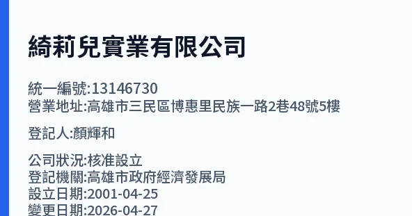 綺莉兒實業有限公司的照片-統編 13146730(高雄市) 公司登記資料與營業項目詳細圖表