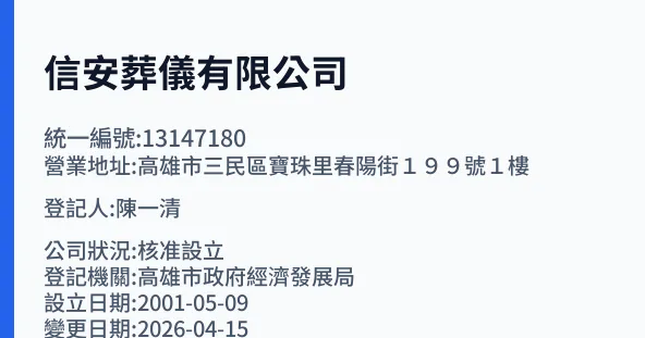 信安葬儀有限公司的照片-統編 13147180(高雄市) 公司登記資料與營業項目詳細圖表
