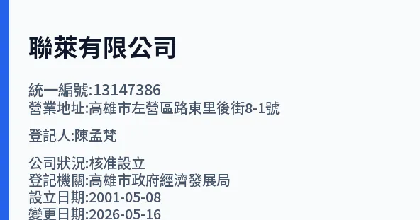 聯萊有限公司的照片-統編 13147386(高雄市) 公司登記資料與營業項目詳細圖表