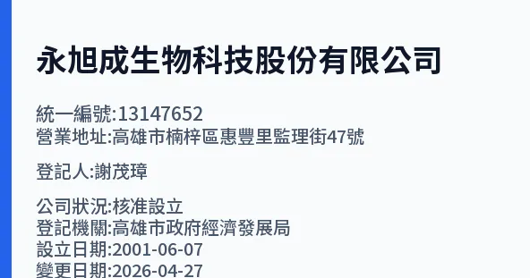 永旭成生物科技股份有限公司的照片-統編 13147652(高雄市) 公司登記資料與營業項目詳細圖表