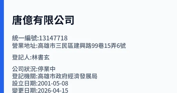 唐億有限公司的照片-統編 13147718(高雄市) 公司登記資料與營業項目詳細圖表