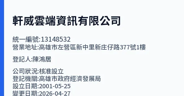 軒威雲端資訊有限公司的照片-統編 13148532(高雄市) 公司登記資料與營業項目詳細圖表
