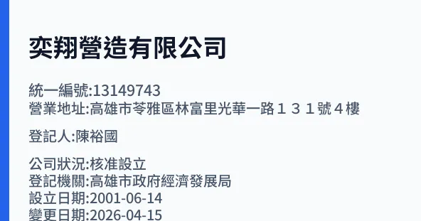 奕翔營造有限公司的照片-統編 13149743(高雄市) 公司登記資料與營業項目詳細圖表