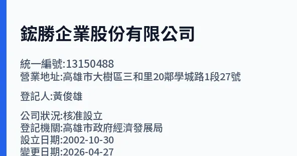 鋐勝企業股份有限公司的照片-統編 13150488(高雄市) 公司登記資料與營業項目詳細圖表